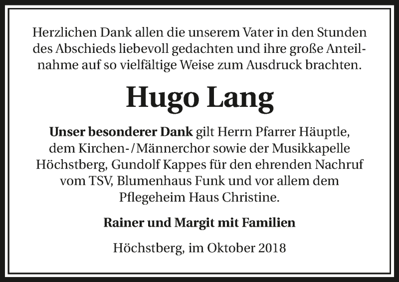 Traueranzeigen von Hugo Lang | www.trauerundgedenken.de