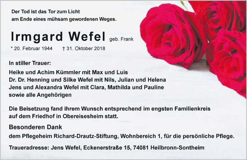 Traueranzeigen von Irmgard Wefel | www.trauerundgedenken.de