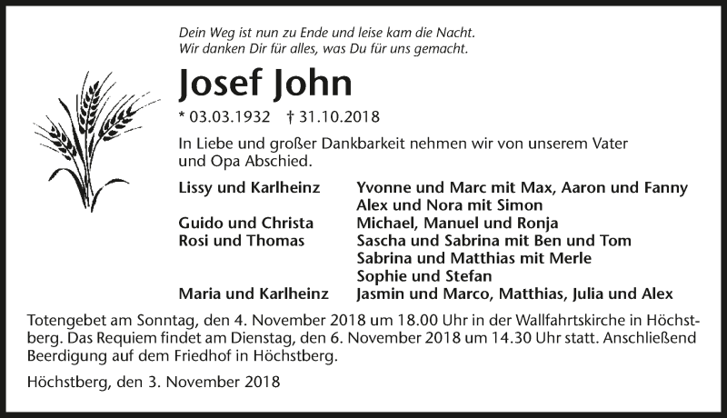 Traueranzeigen von Josef John | www.trauerundgedenken.de