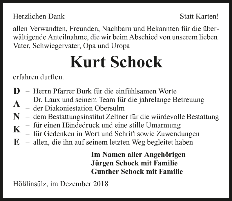 Traueranzeigen von Kurt Schock | www.trauerundgedenken.de