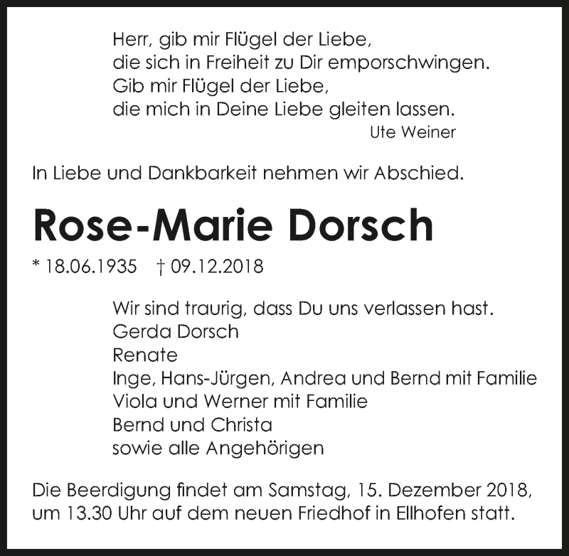 Traueranzeigen von Rose-Marie Dorsch | www.trauerundgedenken.de