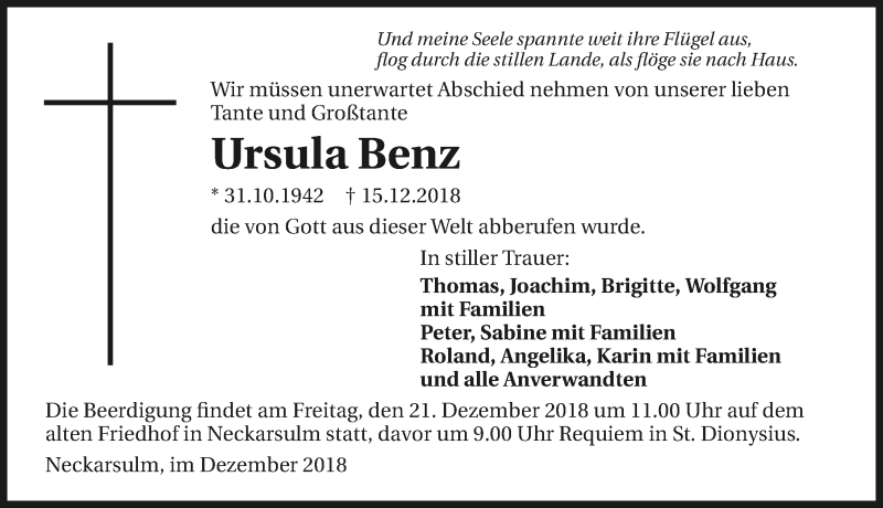 Traueranzeigen von Ursula Benz | www.trauerundgedenken.de