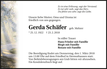 Traueranzeigen von Gerda Schäfer | www.trauerundgedenken.de