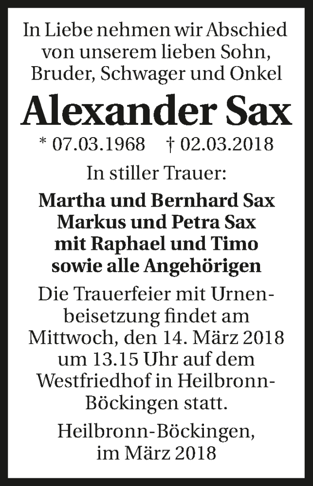 Traueranzeigen von Alexander Sax | www.trauerundgedenken.de