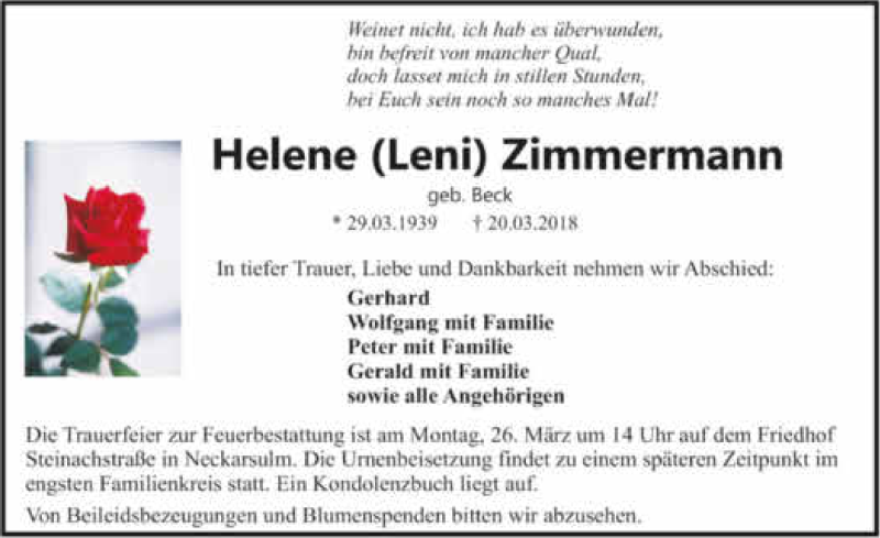 Traueranzeigen von Helene Zimmermann | www.trauerundgedenken.de