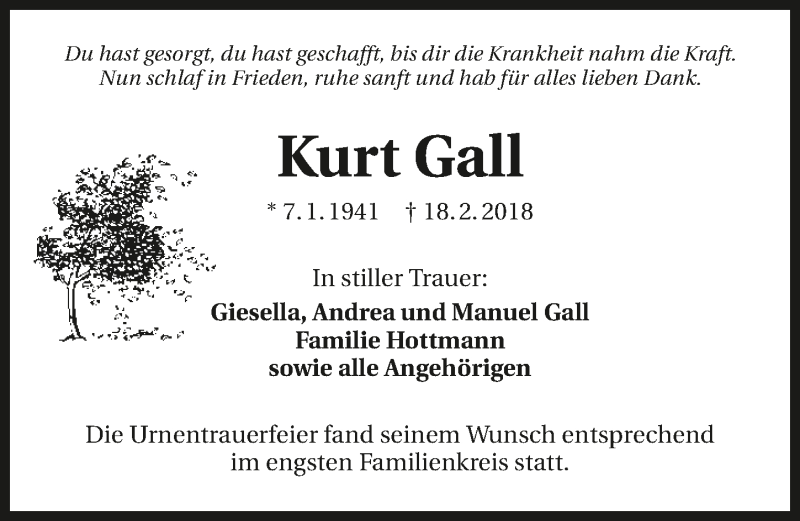 Traueranzeigen von Kurt Gall | www.trauerundgedenken.de