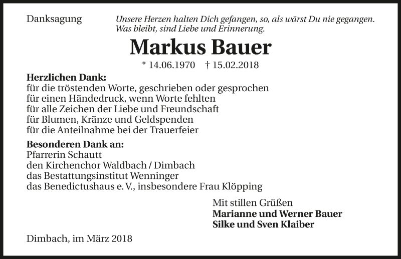 Traueranzeigen von Markus Bauer | www.trauerundgedenken.de