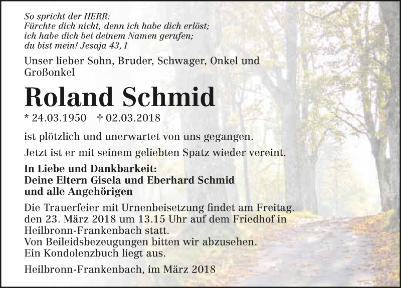 Traueranzeigen von Roland Schmid | www.trauerundgedenken.de