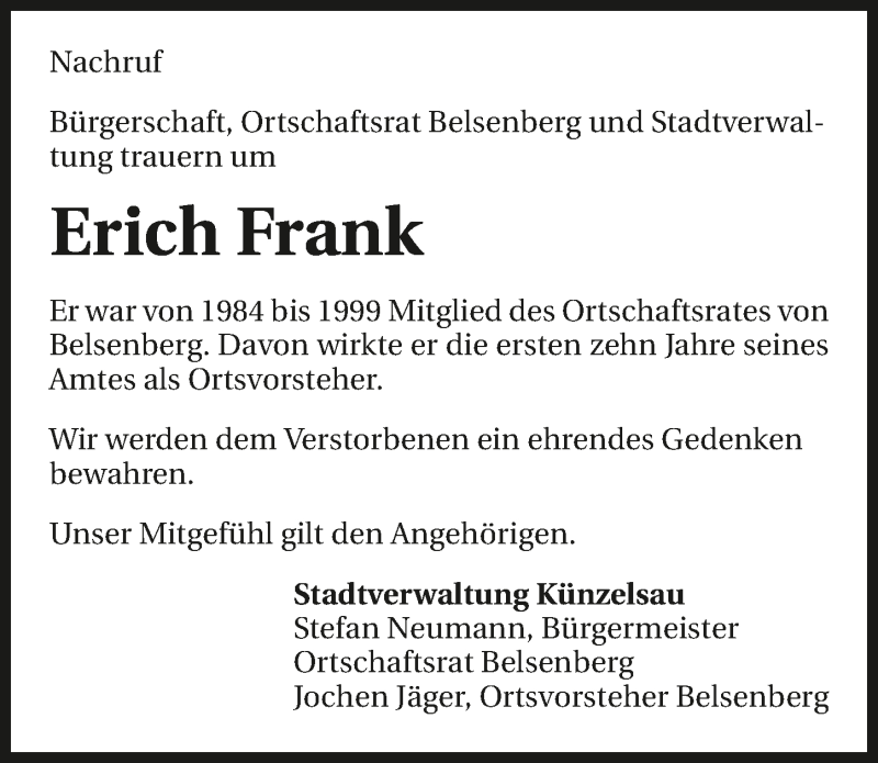 Traueranzeigen von Erich Frank | www.trauerundgedenken.de