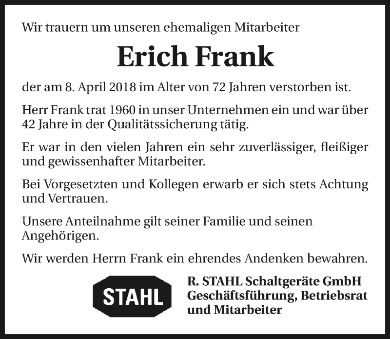 Traueranzeigen von Erich Frank | www.trauerundgedenken.de