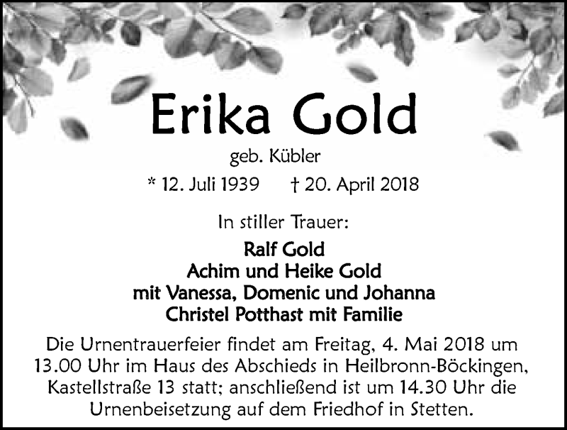 Traueranzeigen von Erika Gold | www.trauerundgedenken.de