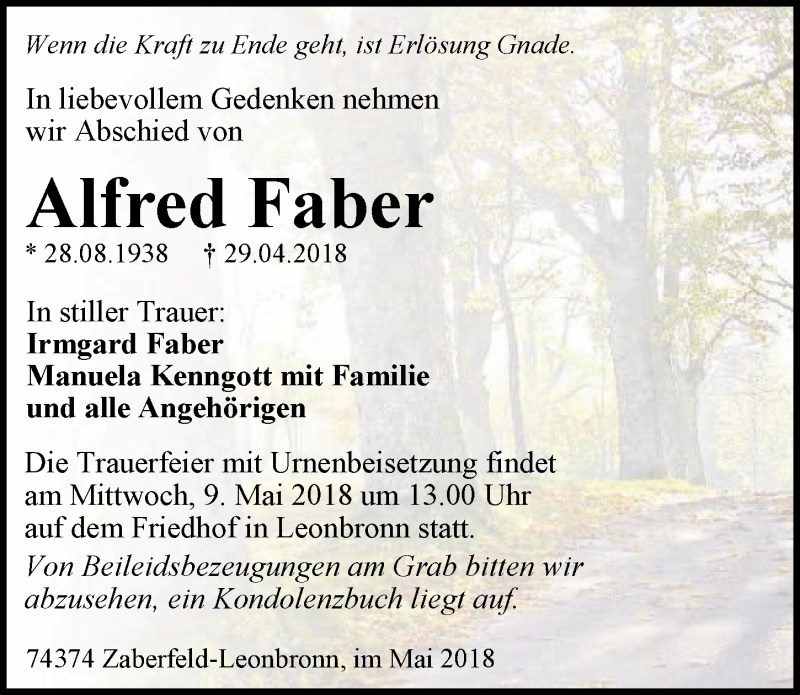 Traueranzeigen von Alfred Faber | www.trauerundgedenken.de
