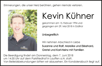 Traueranzeigen von Kevin Kühner | www.trauerundgedenken.de
