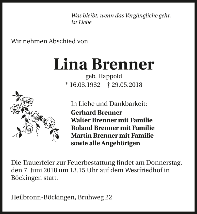 Traueranzeigen von Lina Brenner | www.trauerundgedenken.de
