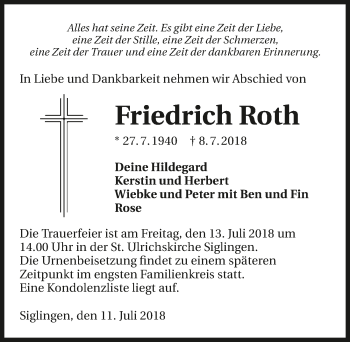 Traueranzeigen von Friedrich Roth | www.trauerundgedenken.de