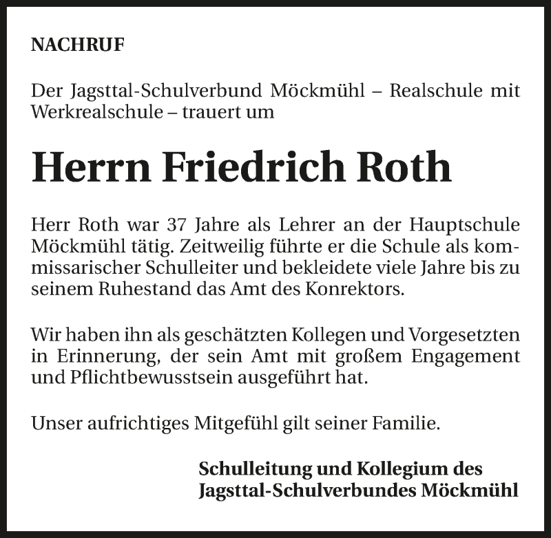 Traueranzeigen von Friedrich Roth | www.trauerundgedenken.de