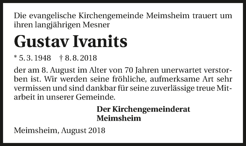 Traueranzeigen von Gustav Ivanits | www.trauerundgedenken.de