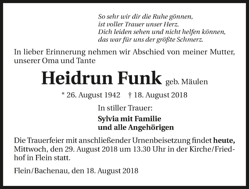 Traueranzeigen von Heidrun Funk | www.trauerundgedenken.de