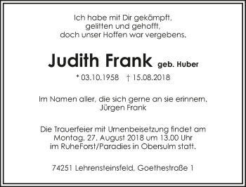 Traueranzeigen von Judith Frank | www.trauerundgedenken.de