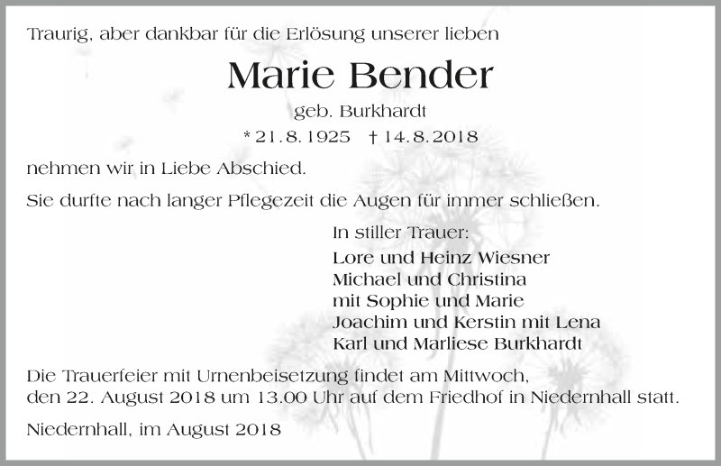 Traueranzeigen von Marie Bender | www.trauerundgedenken.de