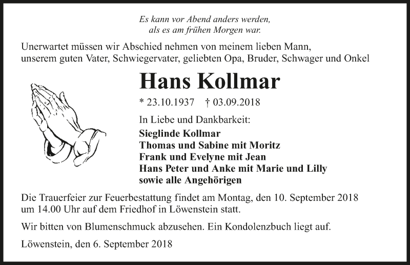 Traueranzeigen von Hans Kollmar | www.trauerundgedenken.de