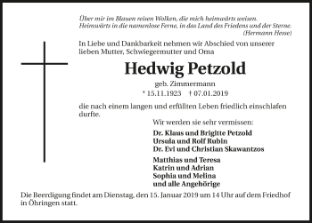 Traueranzeigen von Hedwig Petzold | www.trauerundgedenken.de