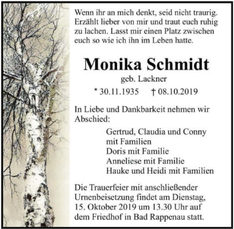 Traueranzeigen von Monika Schmidt | www.trauerundgedenken.de