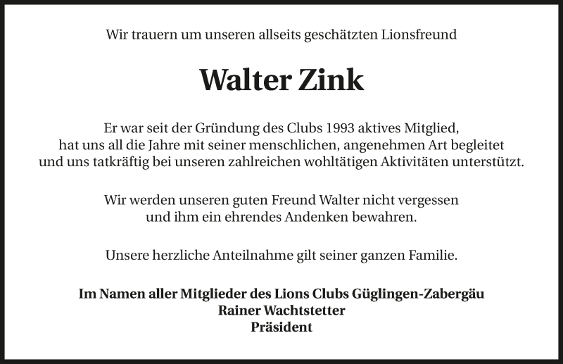 Traueranzeigen von Walter Zink | www.trauerundgedenken.de