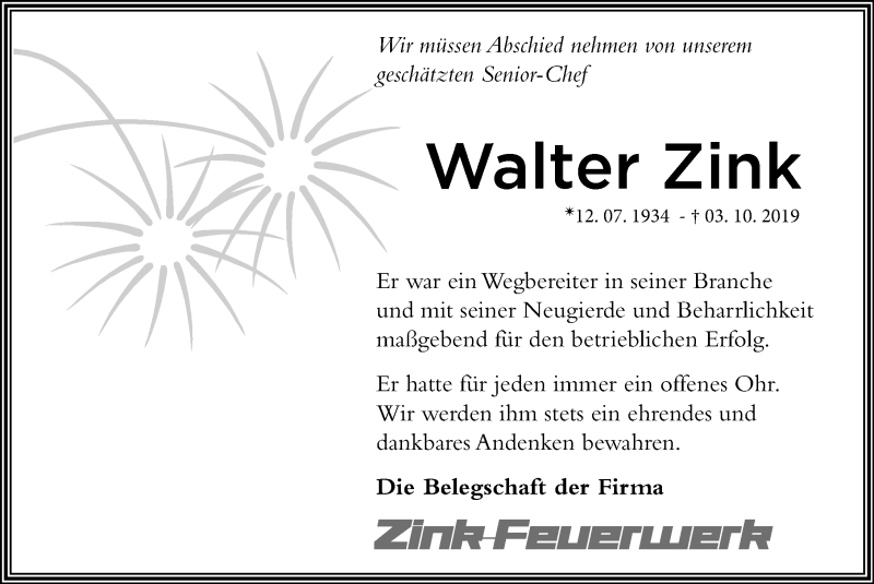 Traueranzeigen von Walter Zink | www.trauerundgedenken.de