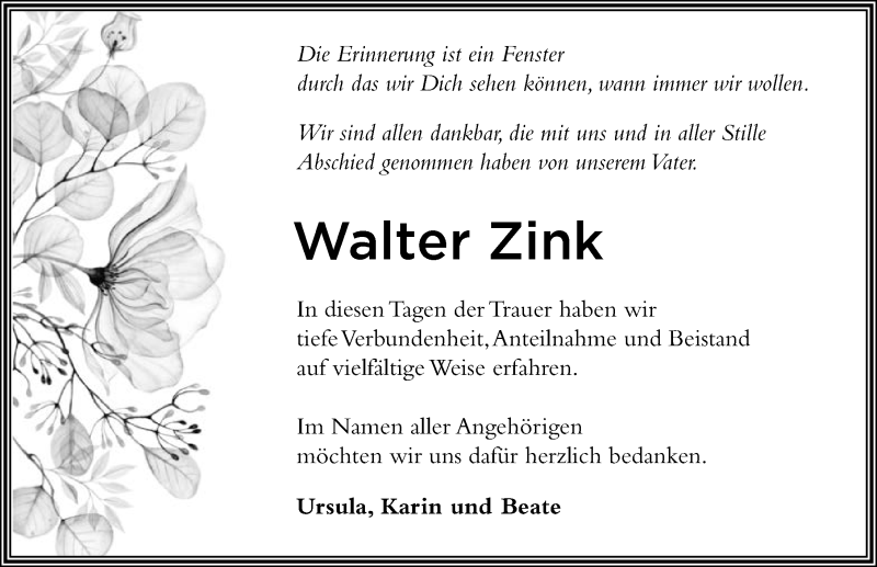 Traueranzeigen von Walter Zink | www.trauerundgedenken.de