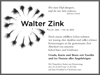 Traueranzeigen von Walter Zink | www.trauerundgedenken.de
