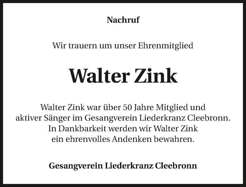 Traueranzeigen von Walter Zink | www.trauerundgedenken.de