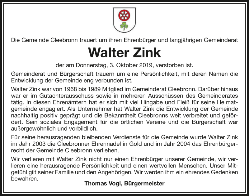 Traueranzeigen von Walter Zink | www.trauerundgedenken.de