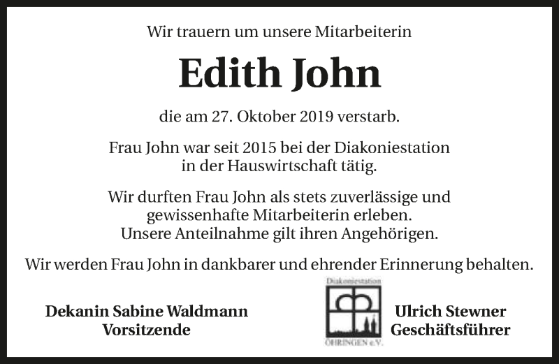Traueranzeigen von Edith John | www.trauerundgedenken.de