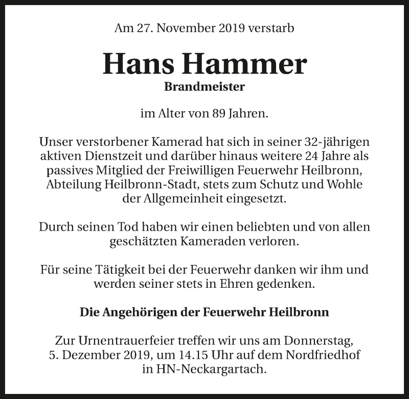 Traueranzeigen von Hans Hammer | www.trauerundgedenken.de