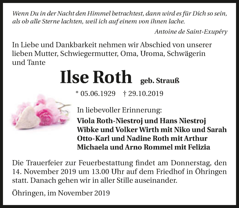 Traueranzeigen von Ilse Roth | www.trauerundgedenken.de