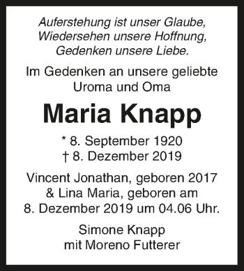 Traueranzeigen von Maria Knapp | www.trauerundgedenken.de