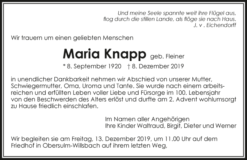 Traueranzeigen von Maria Knapp | www.trauerundgedenken.de