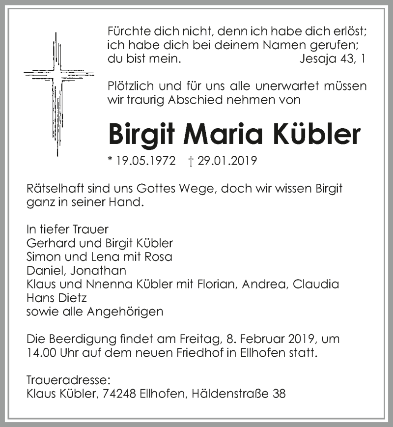 Traueranzeigen von Birgit Maria Kübler | www.trauerundgedenken.de