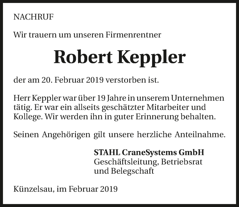 Traueranzeigen von Robert Keppler | www.trauerundgedenken.de