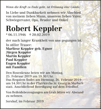 Traueranzeigen von Robert Keppler | www.trauerundgedenken.de