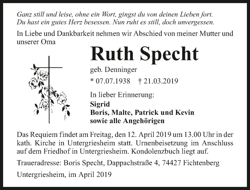 Traueranzeigen von Ruth Specht | www.trauerundgedenken.de
