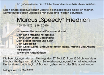 Traueranzeigen von Marcus Friedrich | www.trauerundgedenken.de