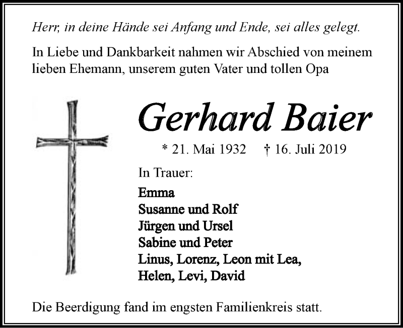 Traueranzeigen von Gerhard Baier | www.trauerundgedenken.de