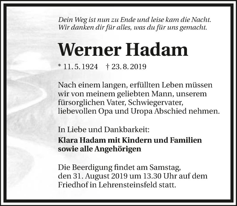 Traueranzeigen von Werner Hadam | www.trauerundgedenken.de