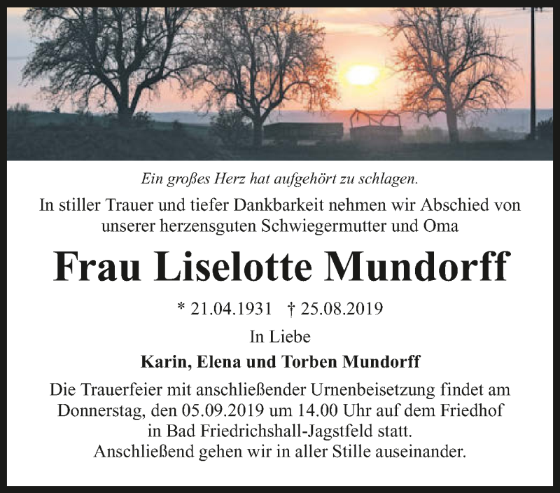 Traueranzeigen von Liselotte Mundorff | www.trauerundgedenken.de