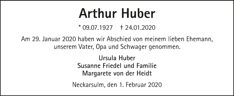 Traueranzeigen von Arthur Huber | www.trauerundgedenken.de
