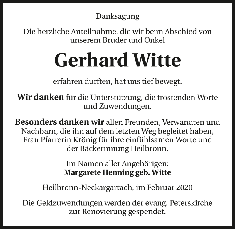 Traueranzeigen von Gerhard Witte | www.trauerundgedenken.de