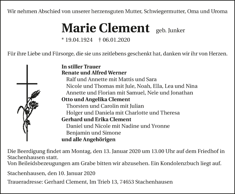 Traueranzeigen von Marie Clement | www.trauerundgedenken.de
