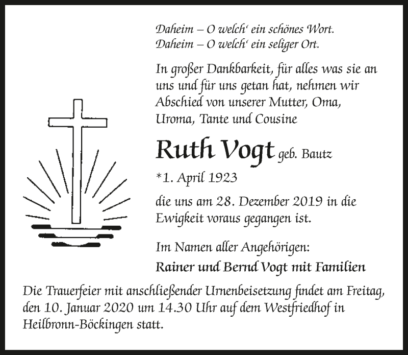 Traueranzeigen von Ruth Vogt | www.trauerundgedenken.de